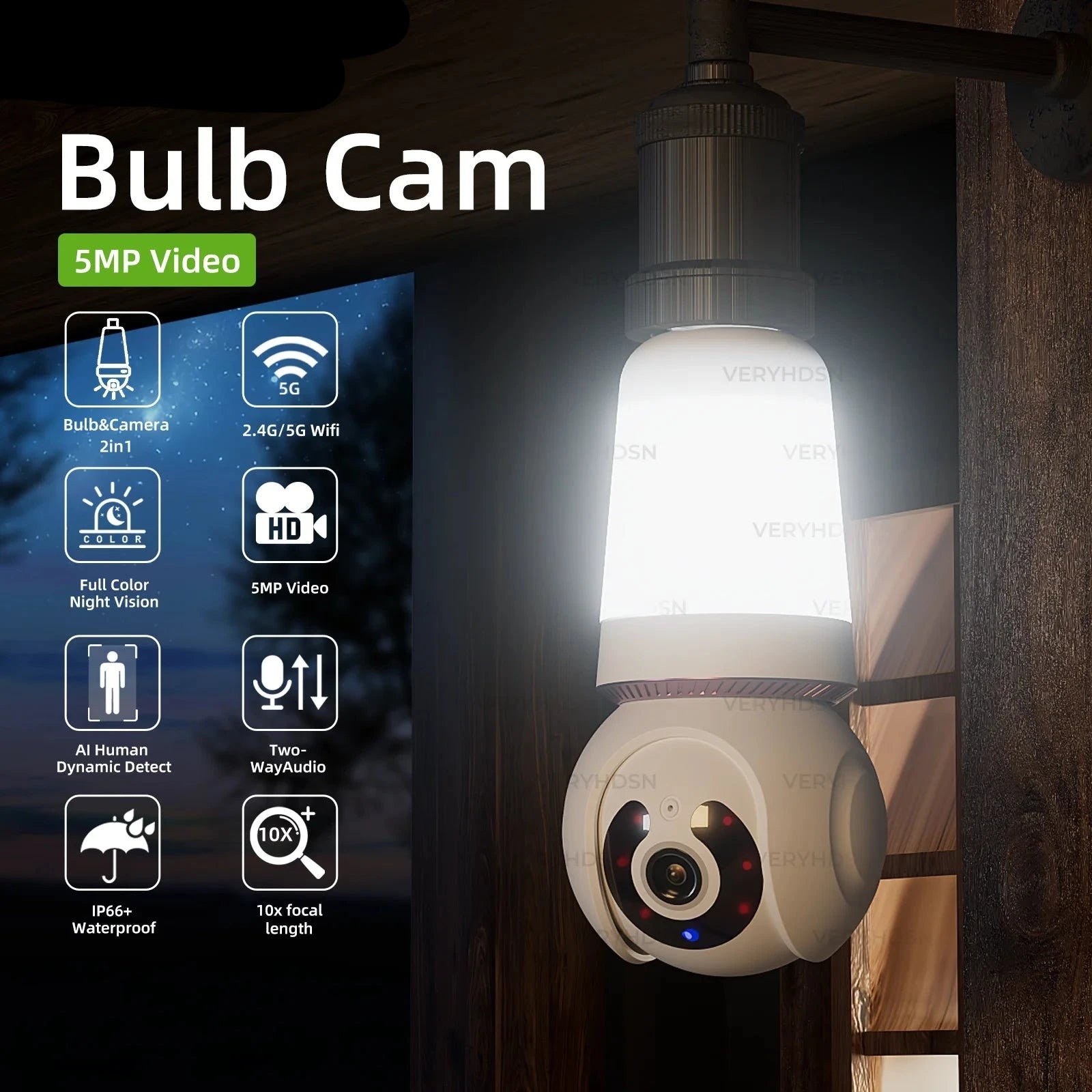Caméra Ampoule ULTRA HD 5MP 2 en 1 avec Lumière Bulbe intégrée